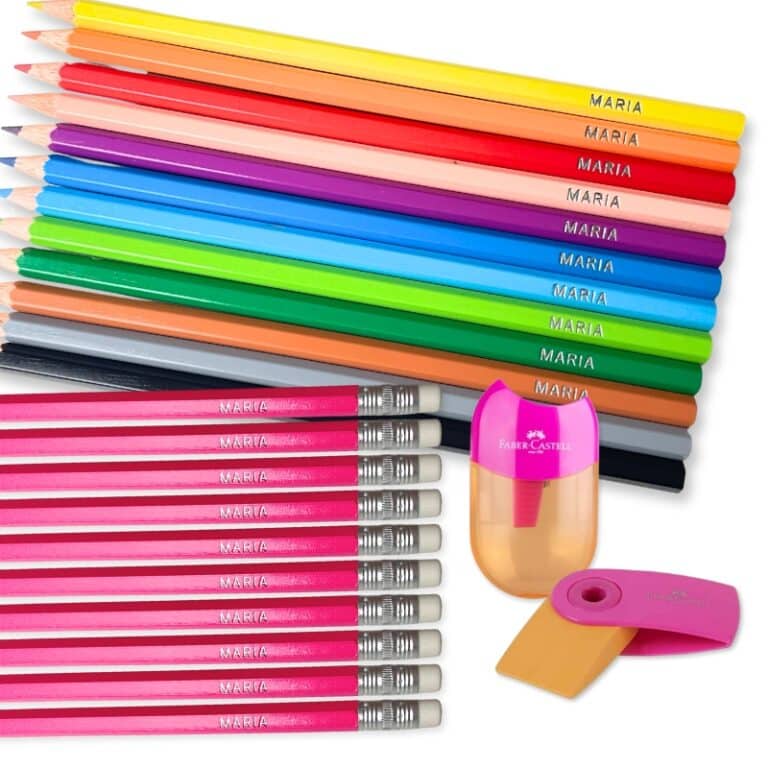 Skolesæt med Navn Blyanter Farveblyanter Blyantspidser – MinBlyant
